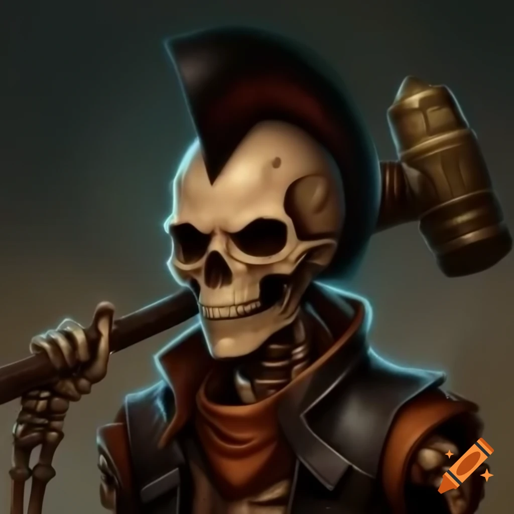 Screaming skeleton with mohawk in leather jacket holding a mace on Craiyon