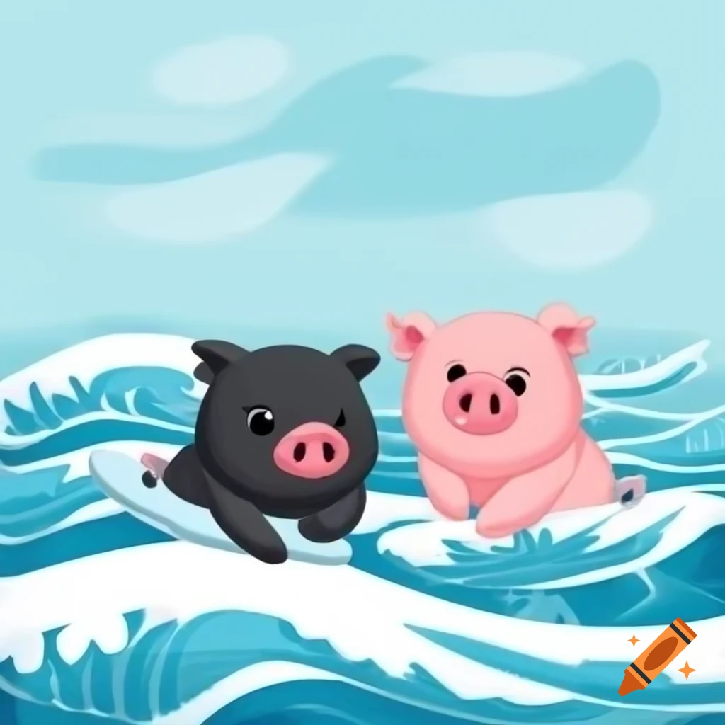 Cartoon pigs surfing ocean waves, one pink and one black on Craiyon