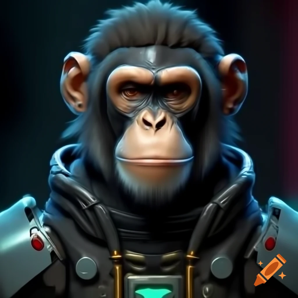 Futuristic monkey in cyberpunk armor, digital art style on Craiyon