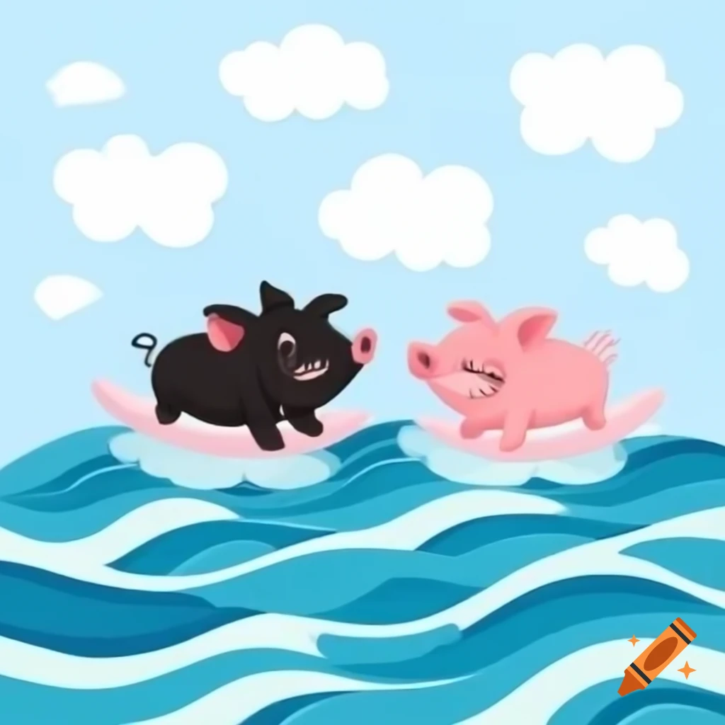 Cartoon pigs surfing ocean waves, one pink and one black on Craiyon