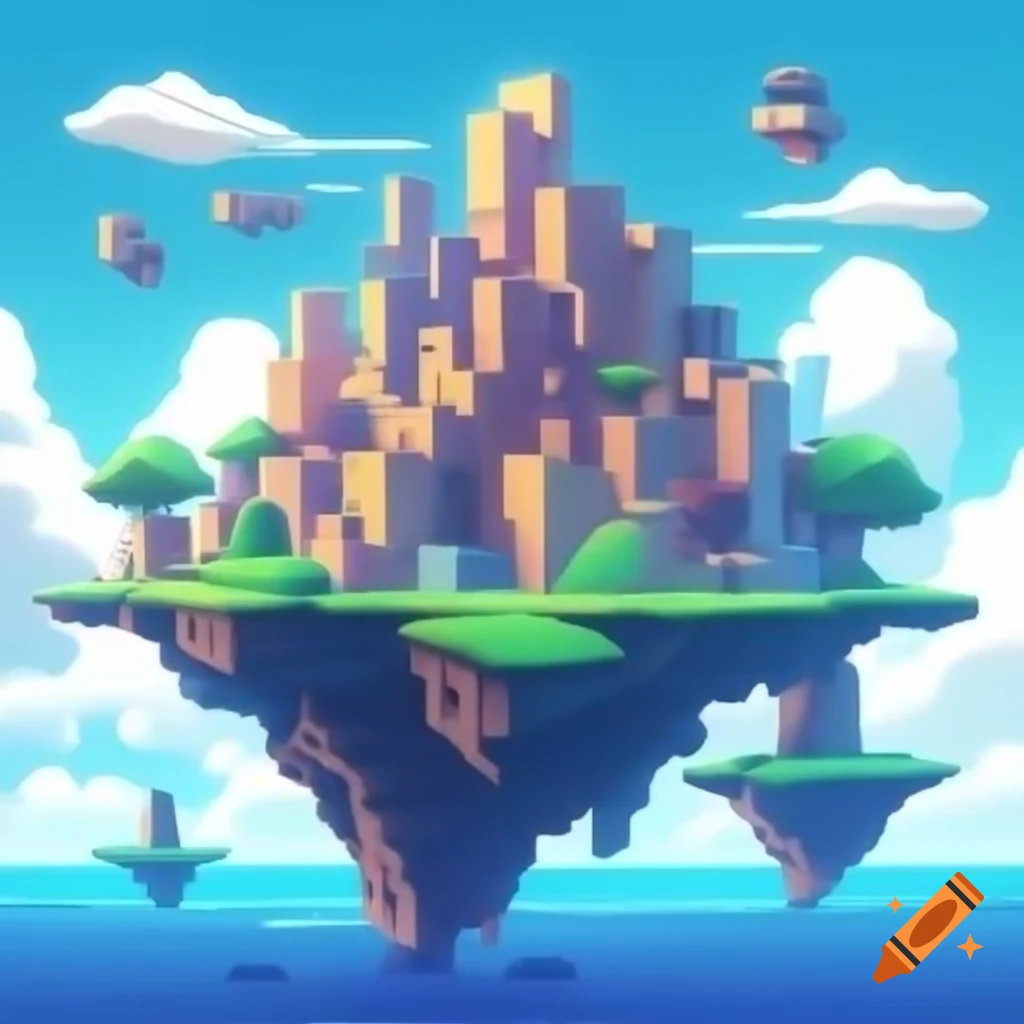 Blocky town on floating islands in bright cloudy sky, video game art ...
