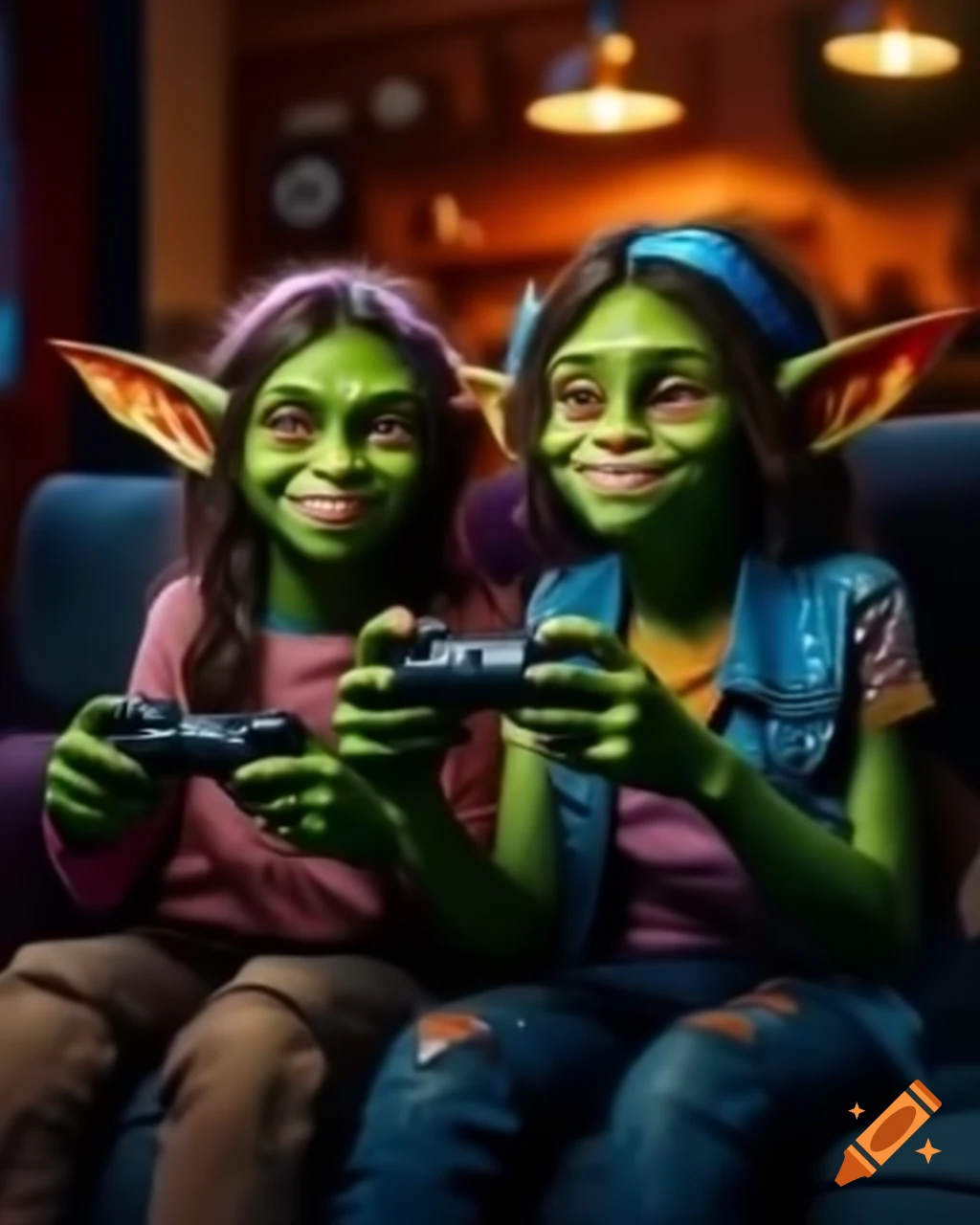 Two green-skinned goblin girls playing video games in cozy living room ...