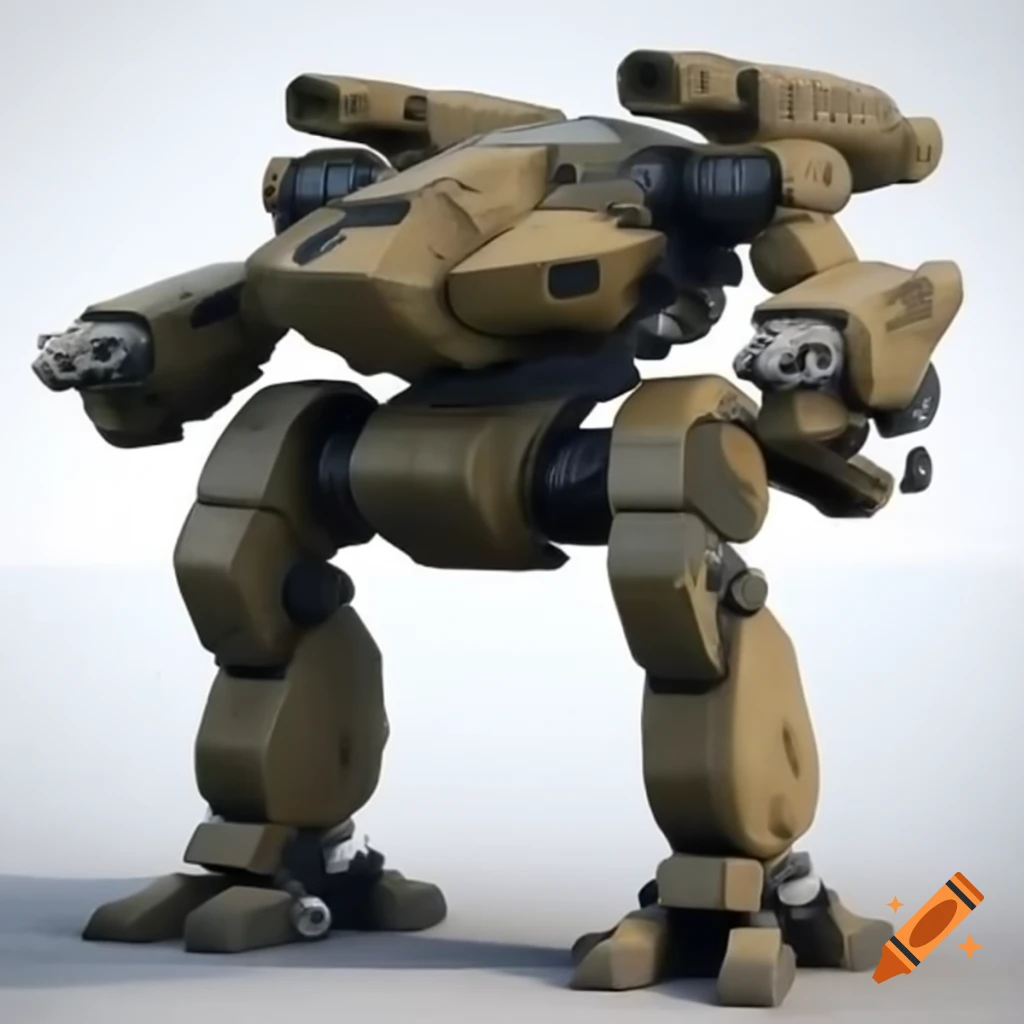 Symmetrical bipedal battle mech with military-inspired armor on Craiyon