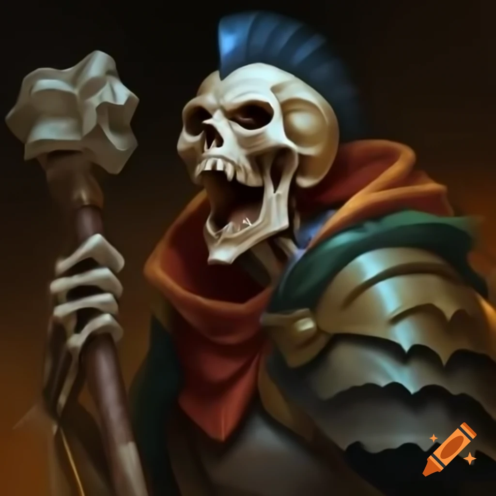 Screaming skeleton with mohawk in plate armor wielding bone mace on Craiyon