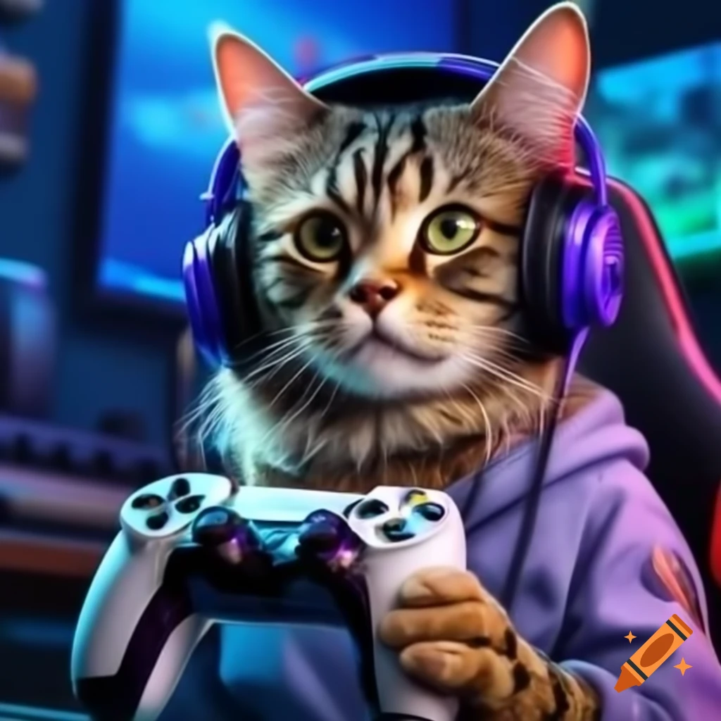 Cat wearing gaming headset holding PS5 controller on Craiyon