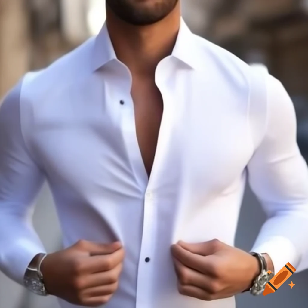 Elegant white linen short-sleeve shirt for men with top button undone ...