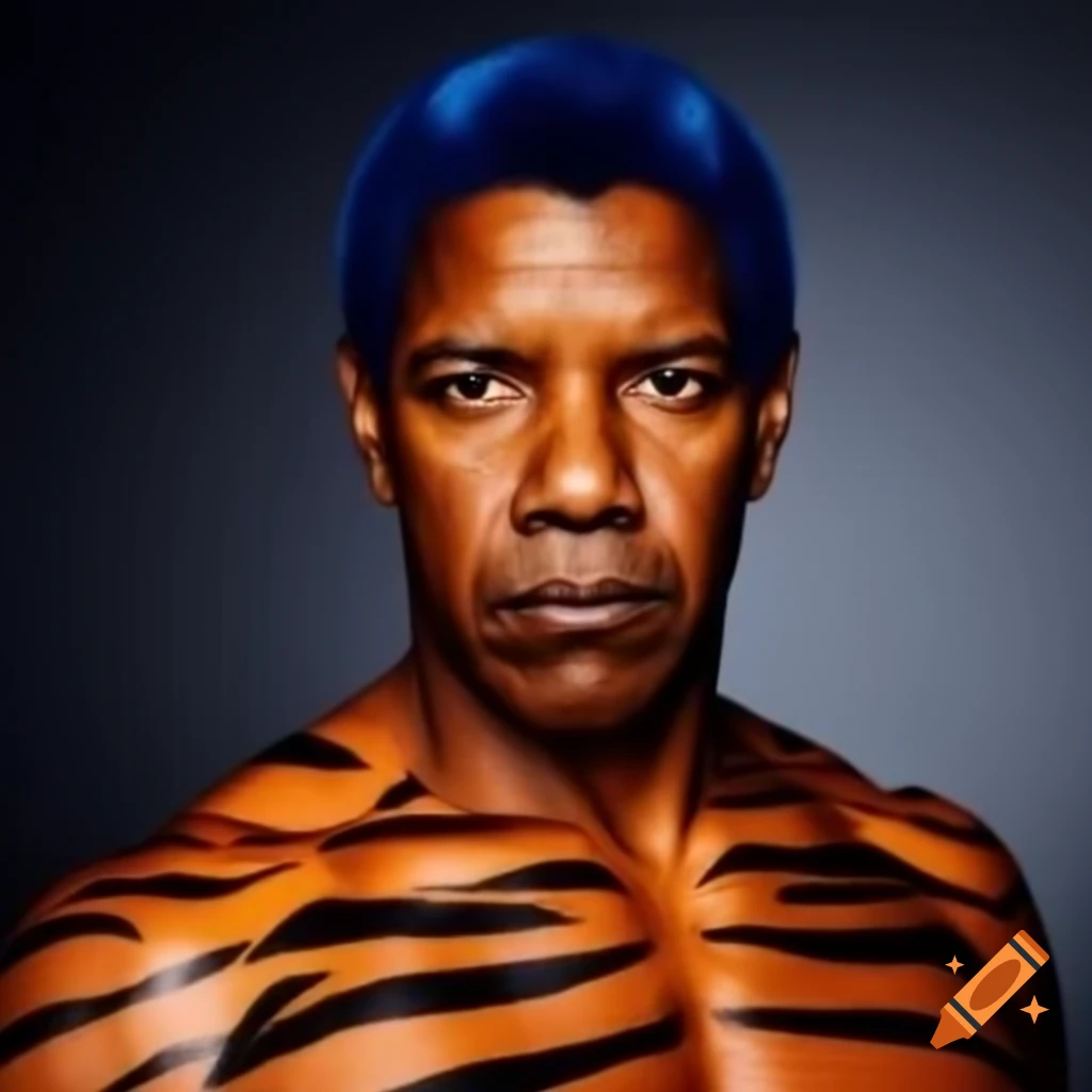 Muscular man with tiger-style makeup, blue hair and black stripes on ...