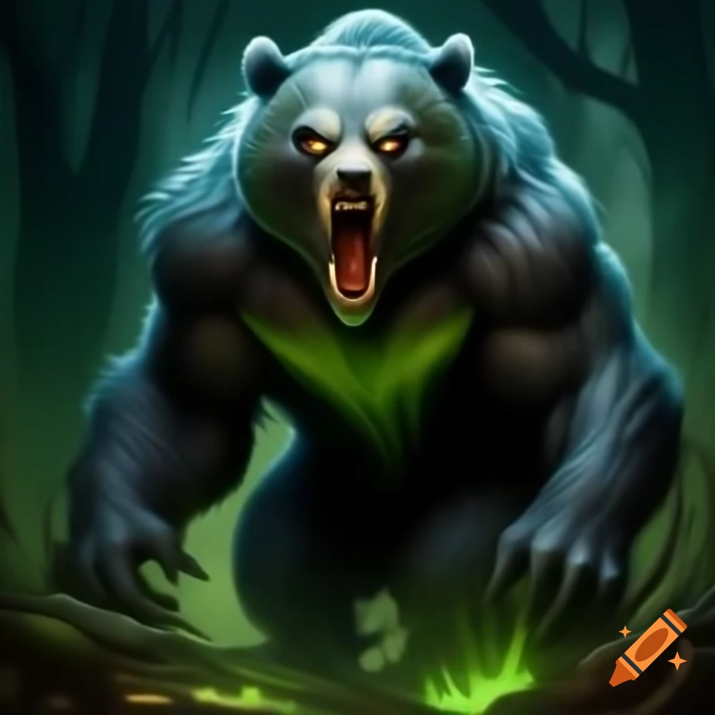 Menacing grizzly bear with glowing eyes in dark forest on Craiyon