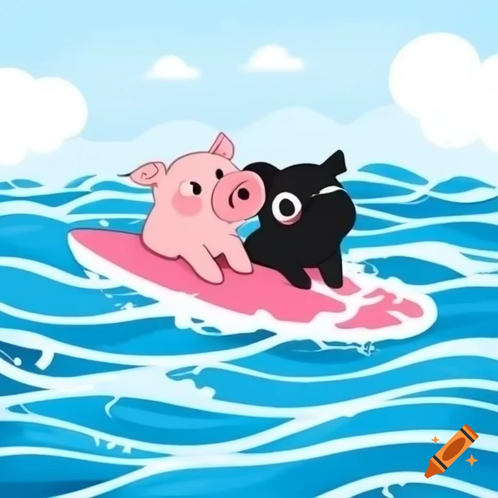 Cartoon pigs surfing ocean waves, one pink and one black on Craiyon