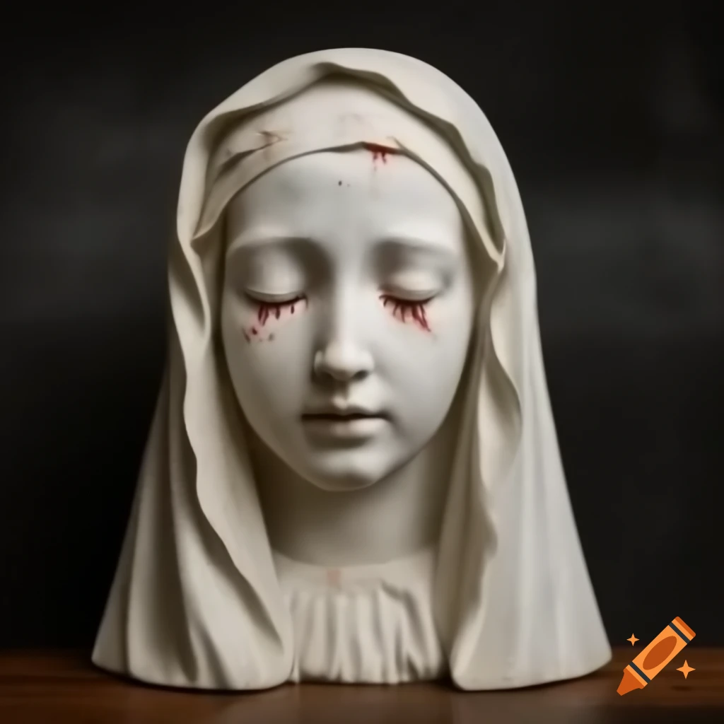 Chalk-white statue of female saint with closed eyes and bloody tears on ...