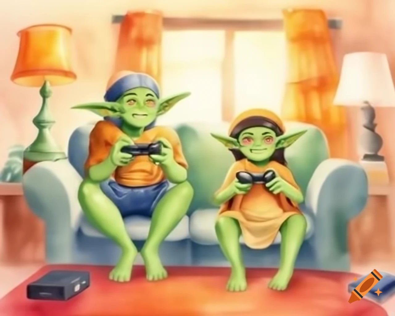 Two goblin girls playing video games in a cozy living room on Craiyon
