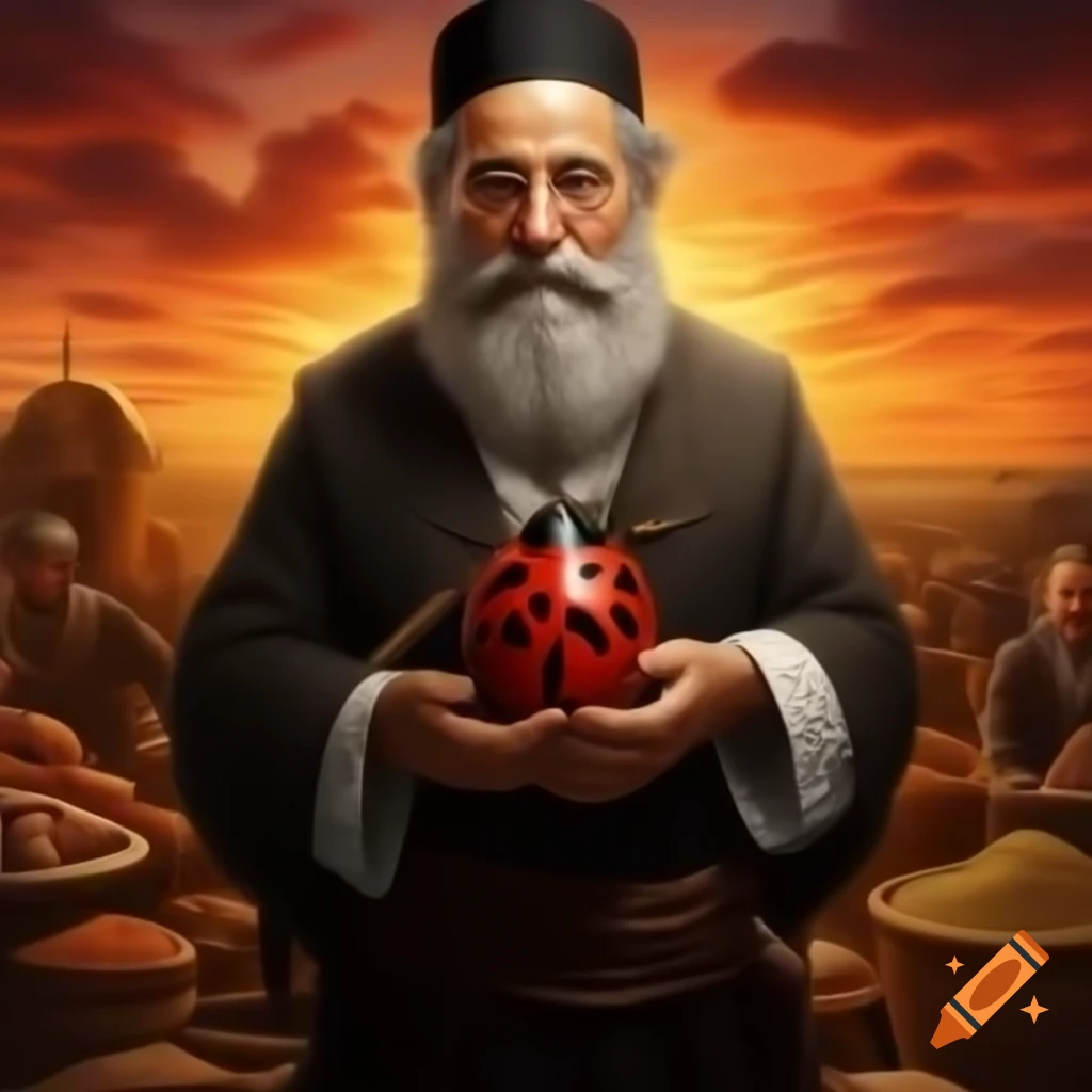 Jewish merchant in traditional clothing holding a ladybug at sunset in ...