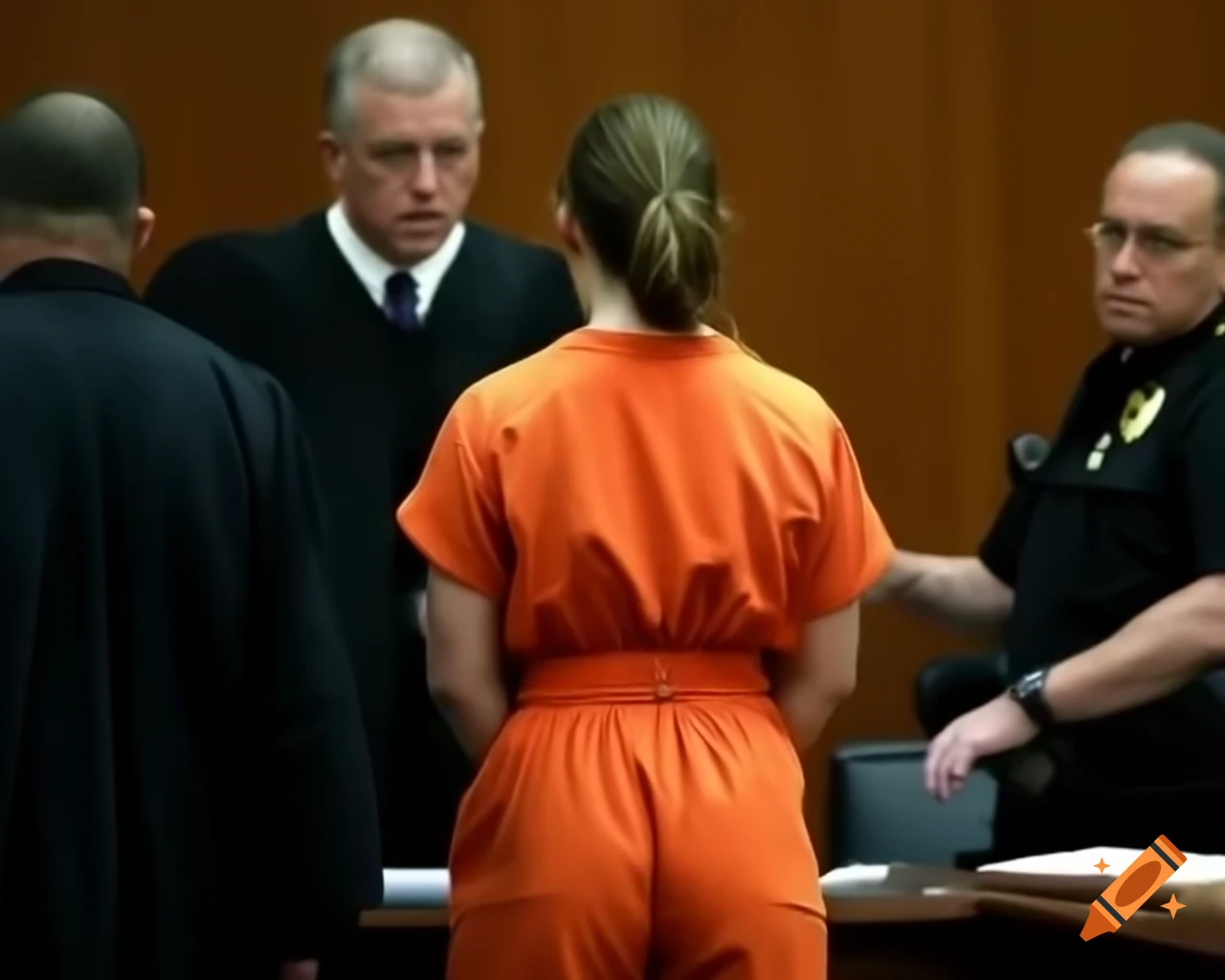 Woman in orange prison jumpsuit standing before judge in courtroom on Craiyon