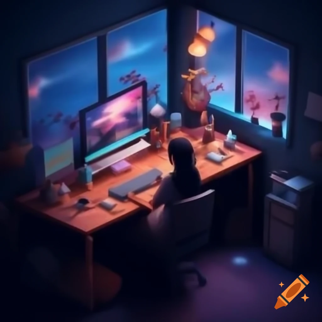 Desk glowing in dim light with computer screen displaying colorful ...