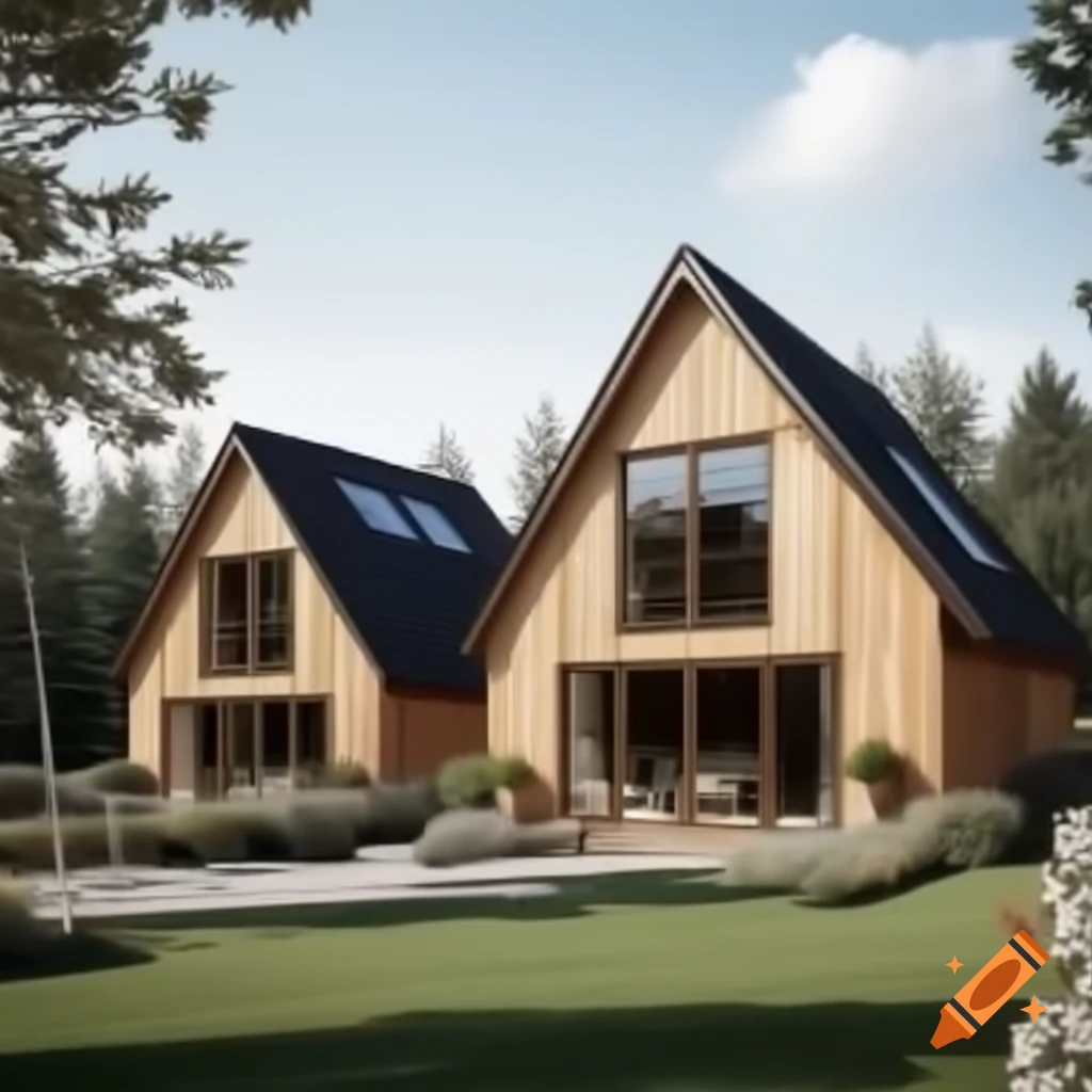 Modern wooden house and half-built timber frame house in sunny forest ...