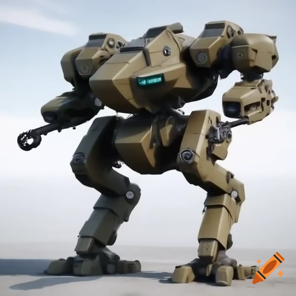 Symmetrical bipedal battle mech with military-inspired armor on Craiyon