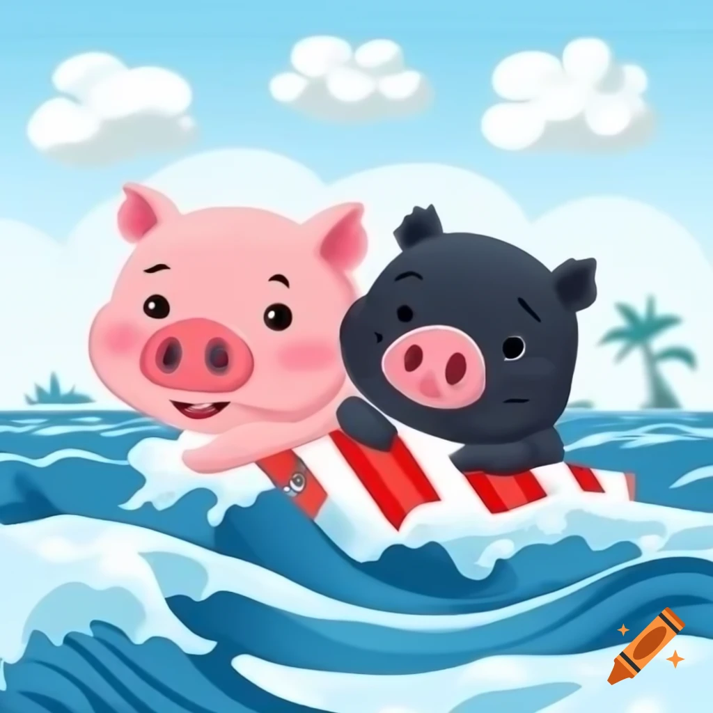 Cartoon of pink and black pigs surfing ocean waves on Craiyon