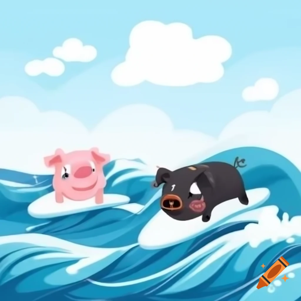 Cartoon pigs surfing ocean waves, one pink and one black on Craiyon