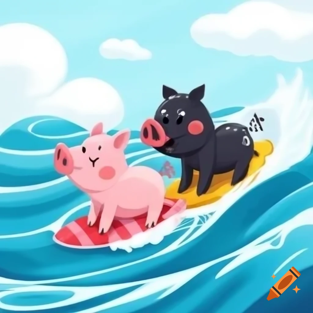 Cartoon of pink and black pigs surfing ocean waves on Craiyon