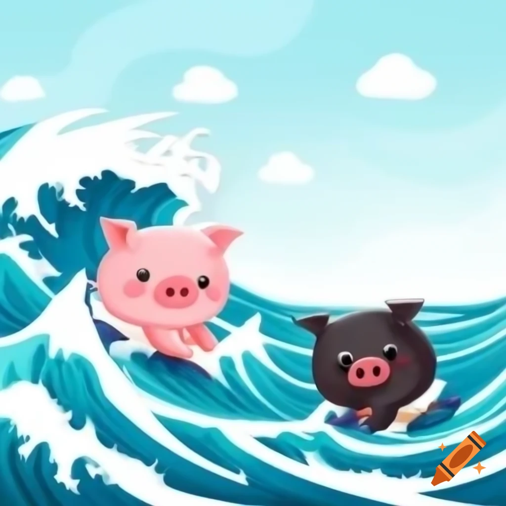 Cartoon pigs surfing ocean waves, one pink and one black on Craiyon