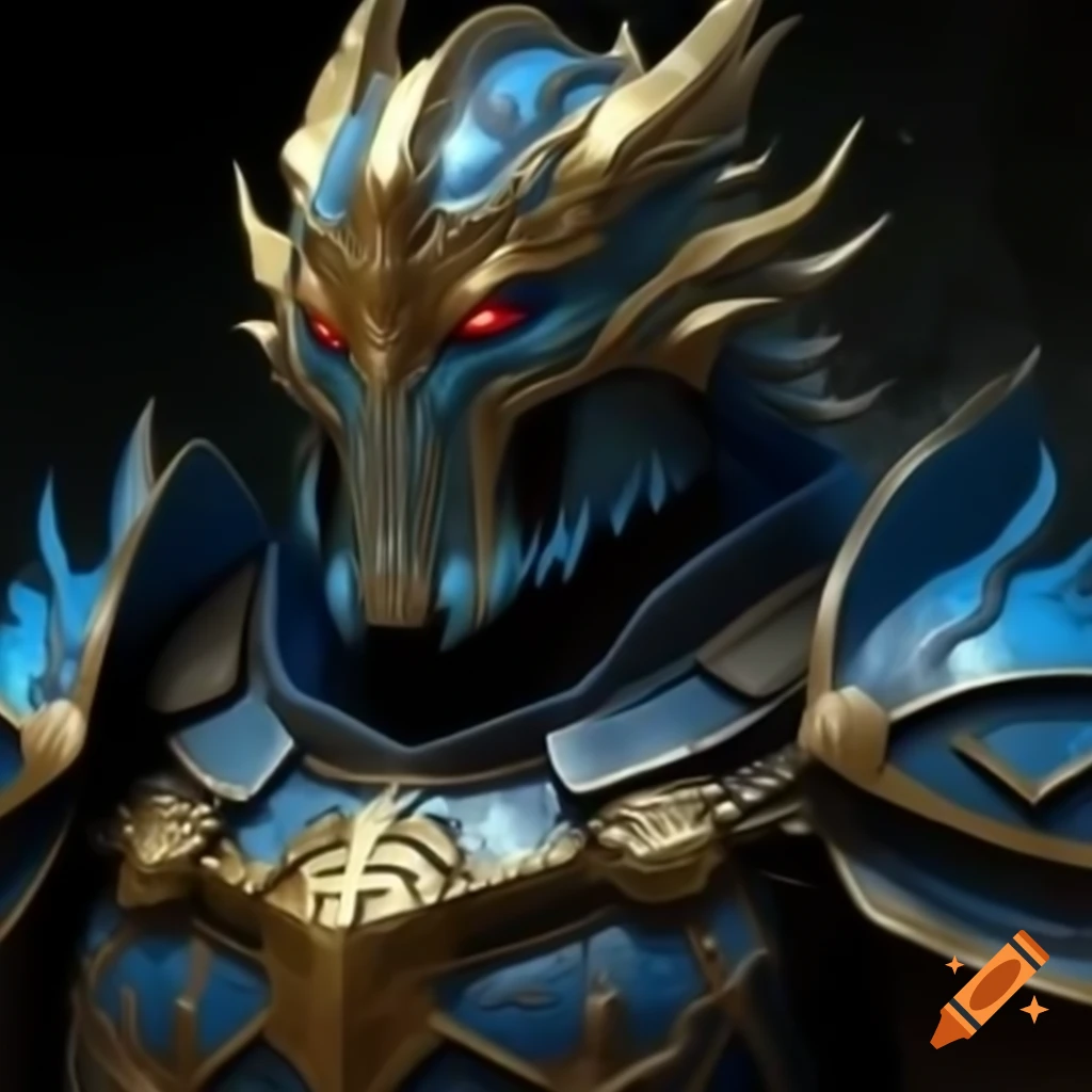 Fierce illustration of paladin in blue and gold armor emitting golden ...