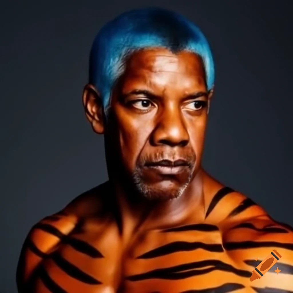 Muscular man with tiger-style makeup featuring blue hair and orange ...