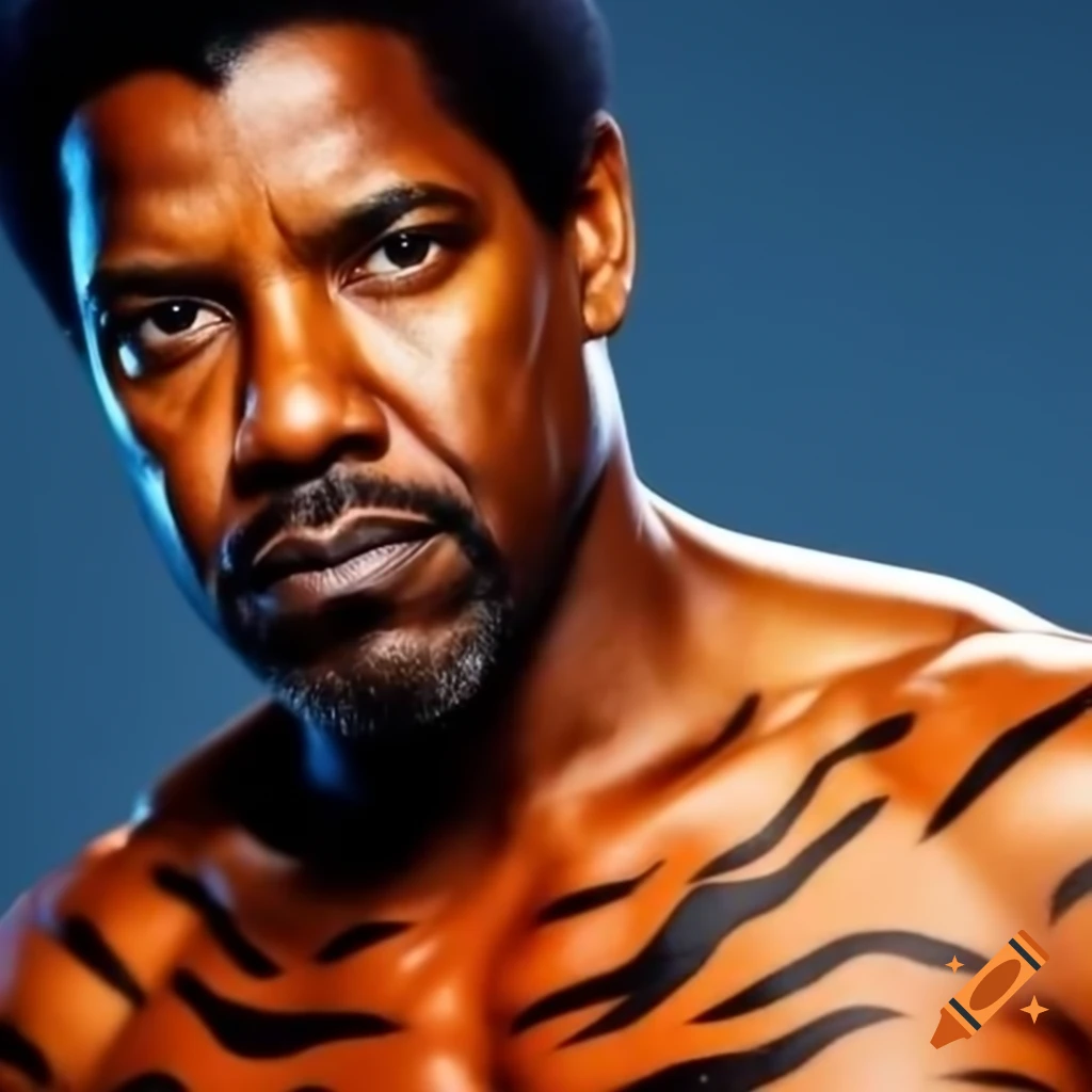 Muscular man with tiger-style makeup and colorful features on Craiyon