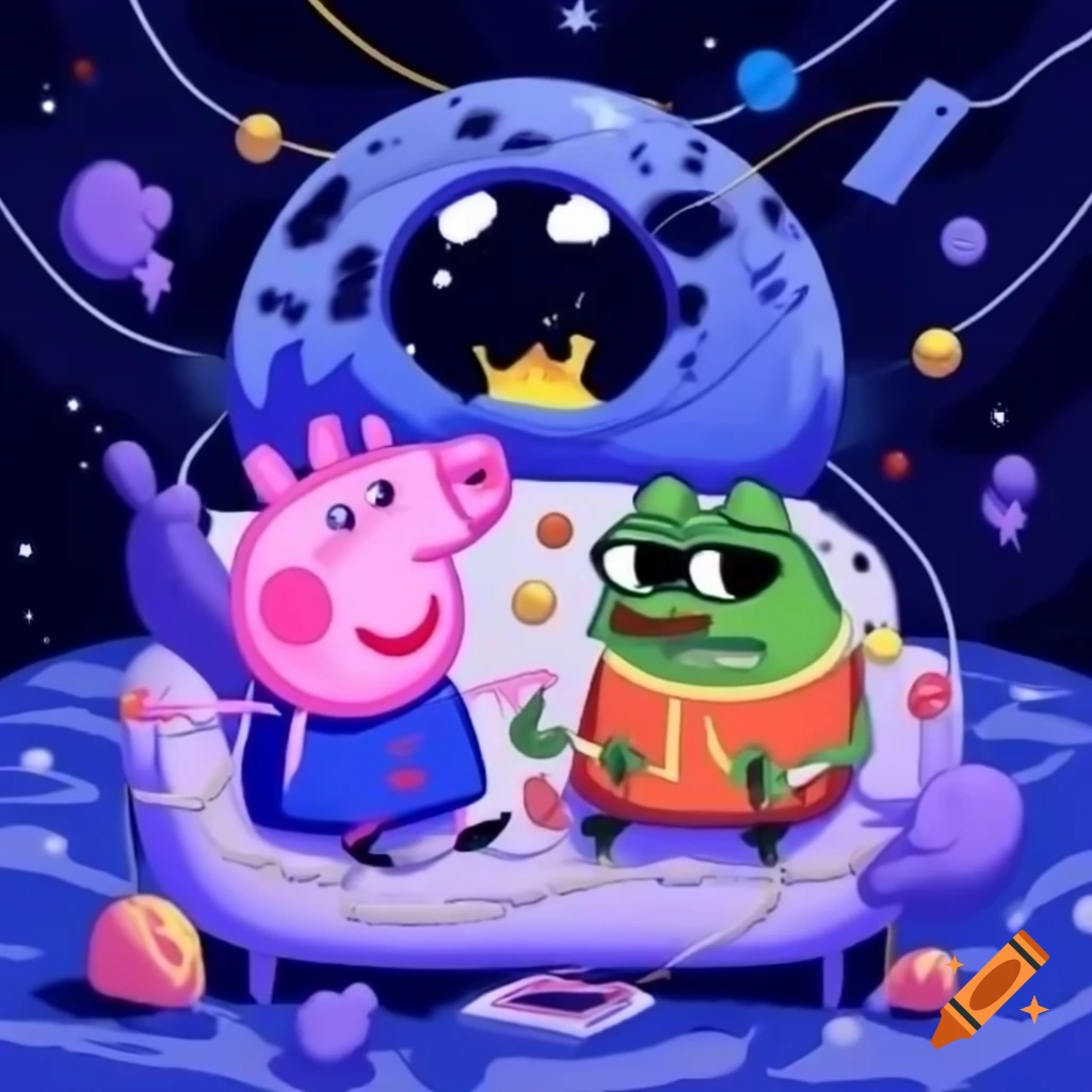Humorous cartoon of Evie Pig and Pepe the Frog on moon-shaped couch in ...