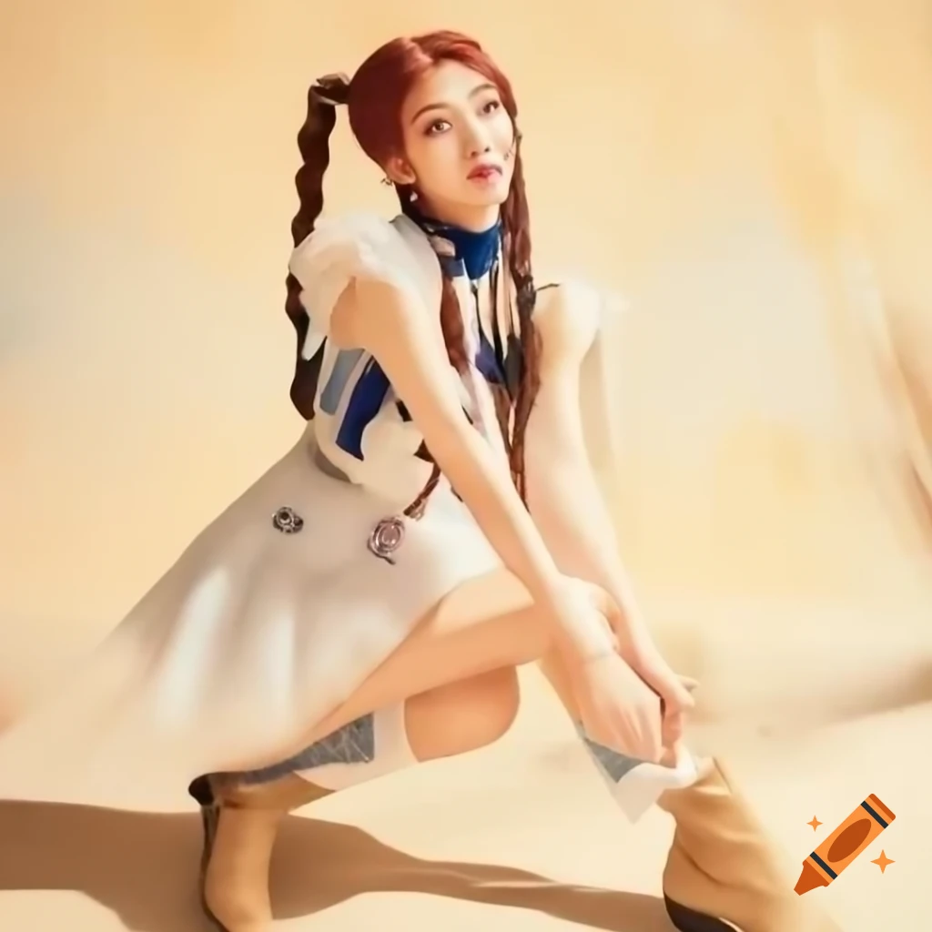 Sana from TWICE in hyperrealistic fashion wearing western-style dress and braided pigtails on ...