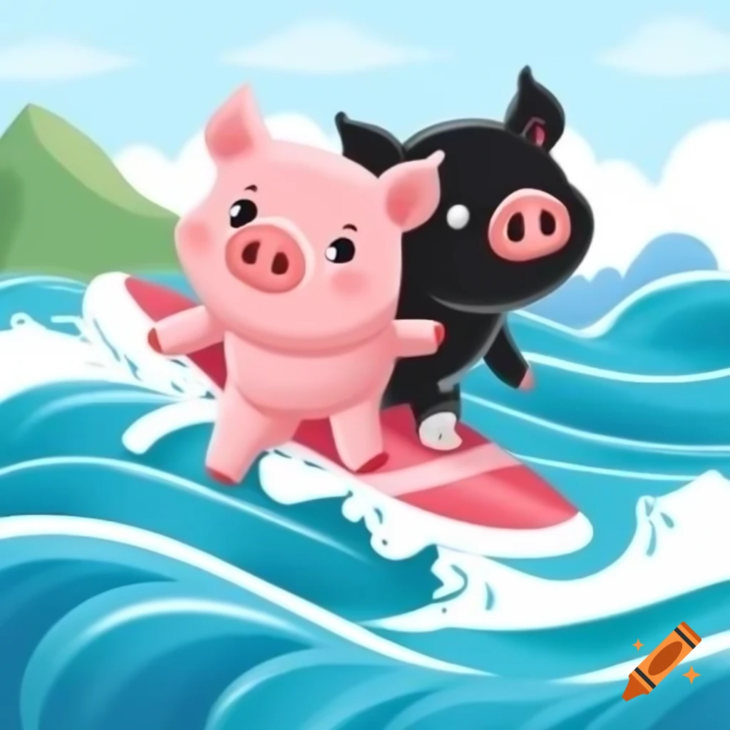 Cartoon of pink and black pigs surfing ocean waves on Craiyon