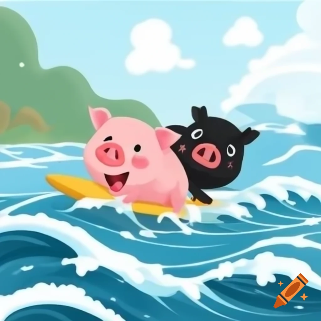 Cartoon of pink and black pigs surfing ocean waves on Craiyon