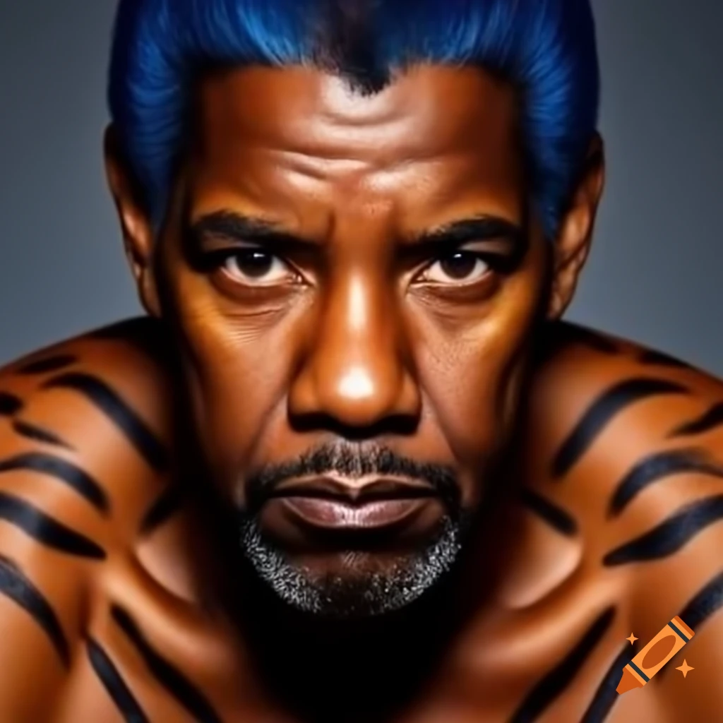 Muscular man with tiger-style makeup featuring blue hair and orange ...