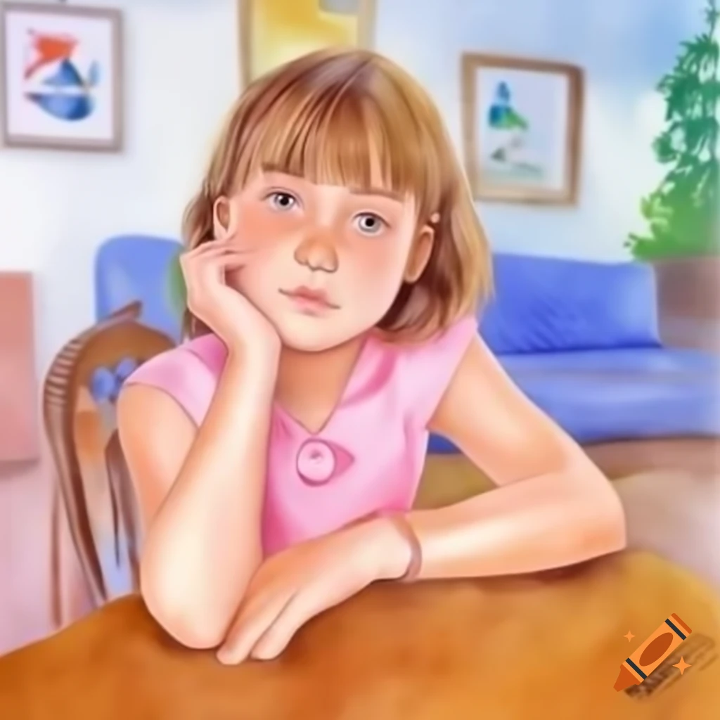Thoughtful girl in pink shirt sitting at wooden table in living room, looking at watch on Craiyon