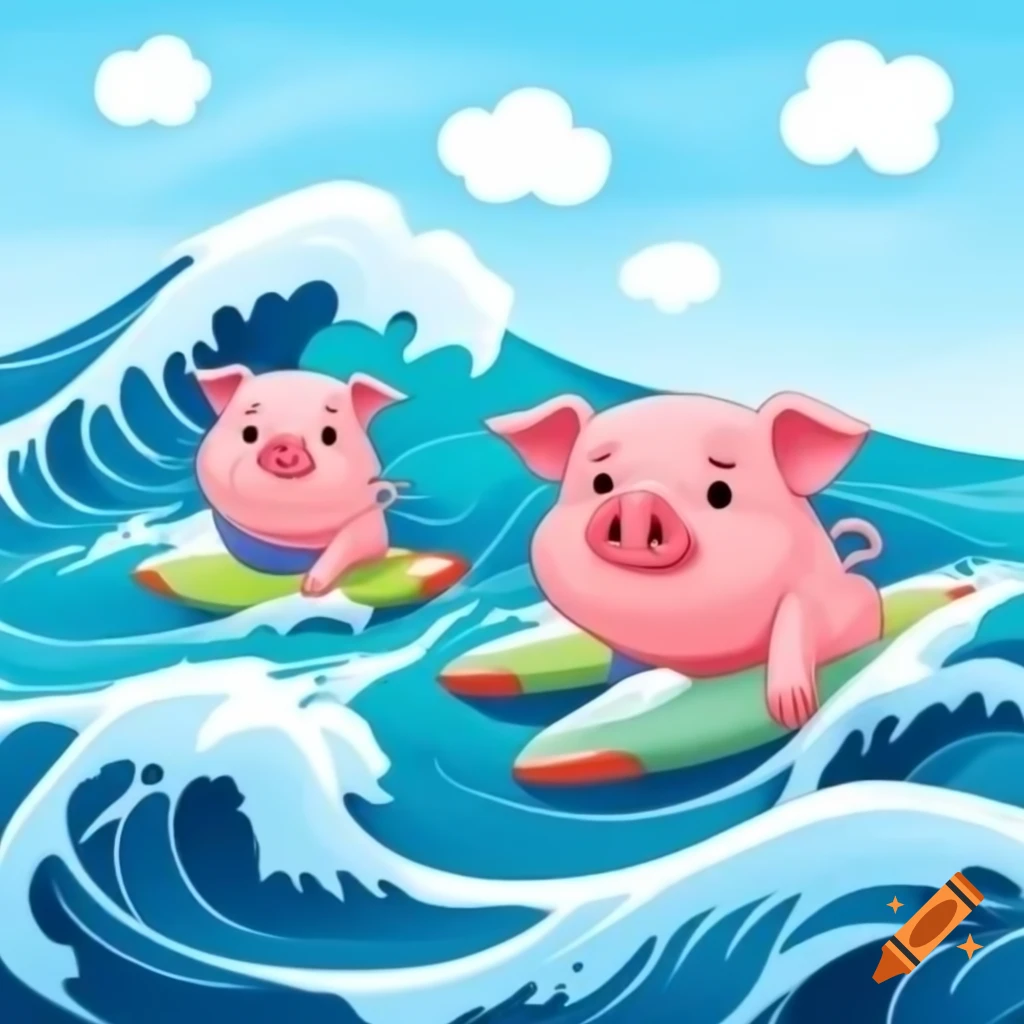Cartoon of pink and black pigs surfing ocean waves on Craiyon