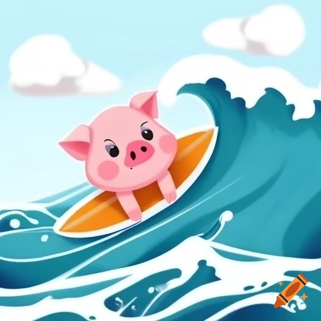 Cartoon art of pink and black pigs surfing ocean waves on Craiyon