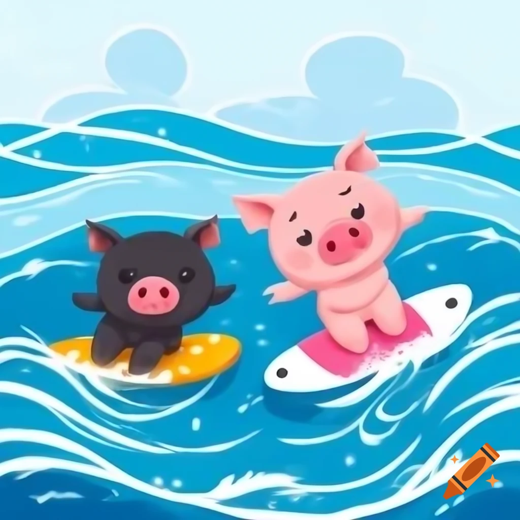 Cartoon of two pigs surfing ocean waves, one pink and one black on Craiyon