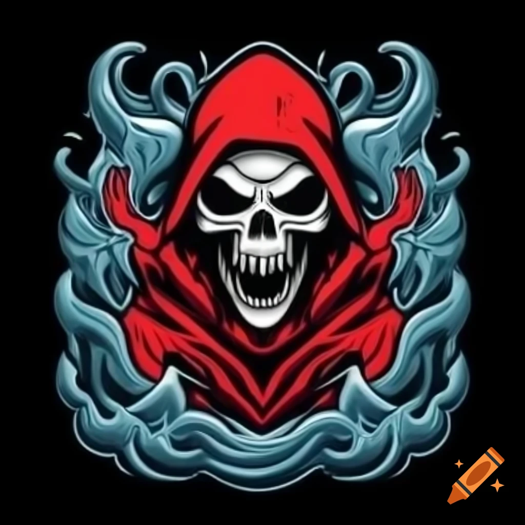 Stylized red Grim Reaper logo with swirling waves and DWG letters on ...