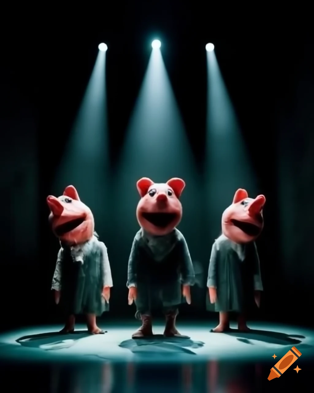 Ethereal scene of floating piggy muppets in black turbans singing opera ...