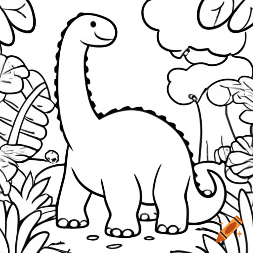 Black and white line art dinosaur in jungle for children's coloring ...