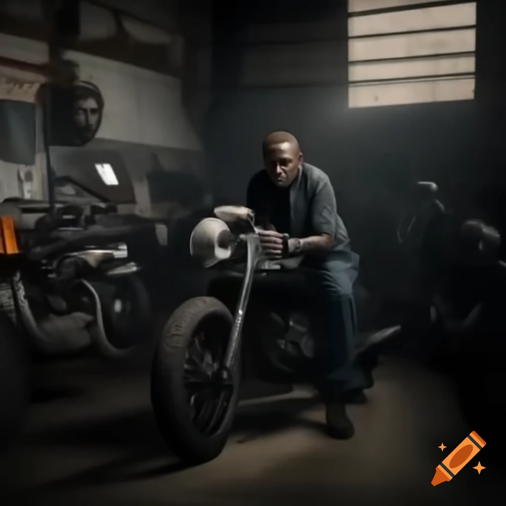 Young mechanic crying in garage filled with motorcycles on Craiyon