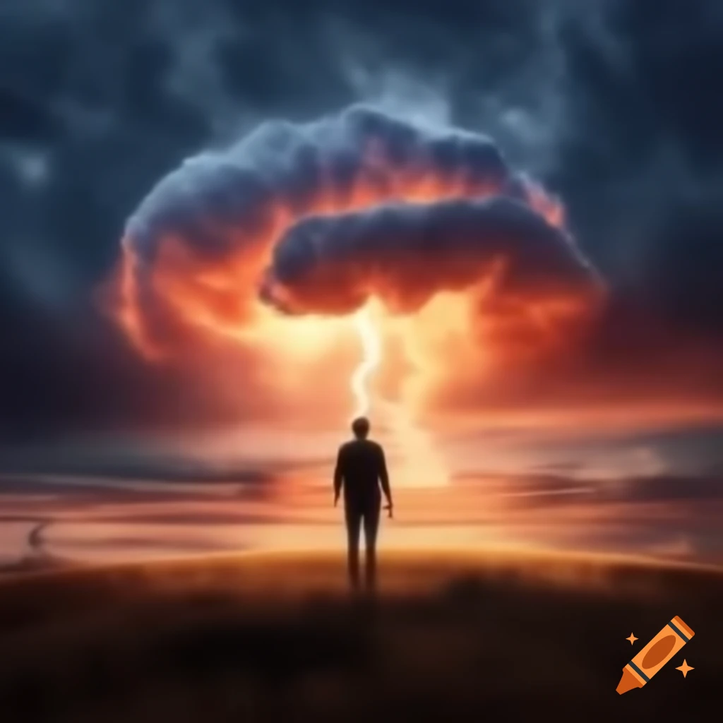 Dramatic chaotic landscape with stormy sky and human figure expressing ...