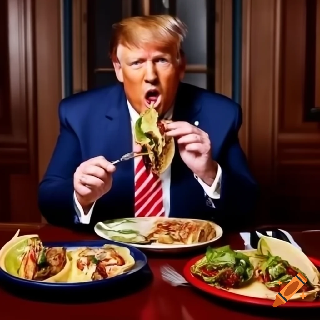 Donald Trump enjoying tacos with fork and knife on Craiyon
