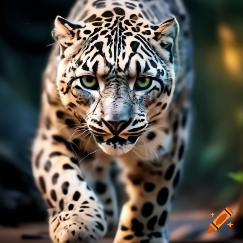 Realistic anime-style snow leopard with large diagonal scar walking ...