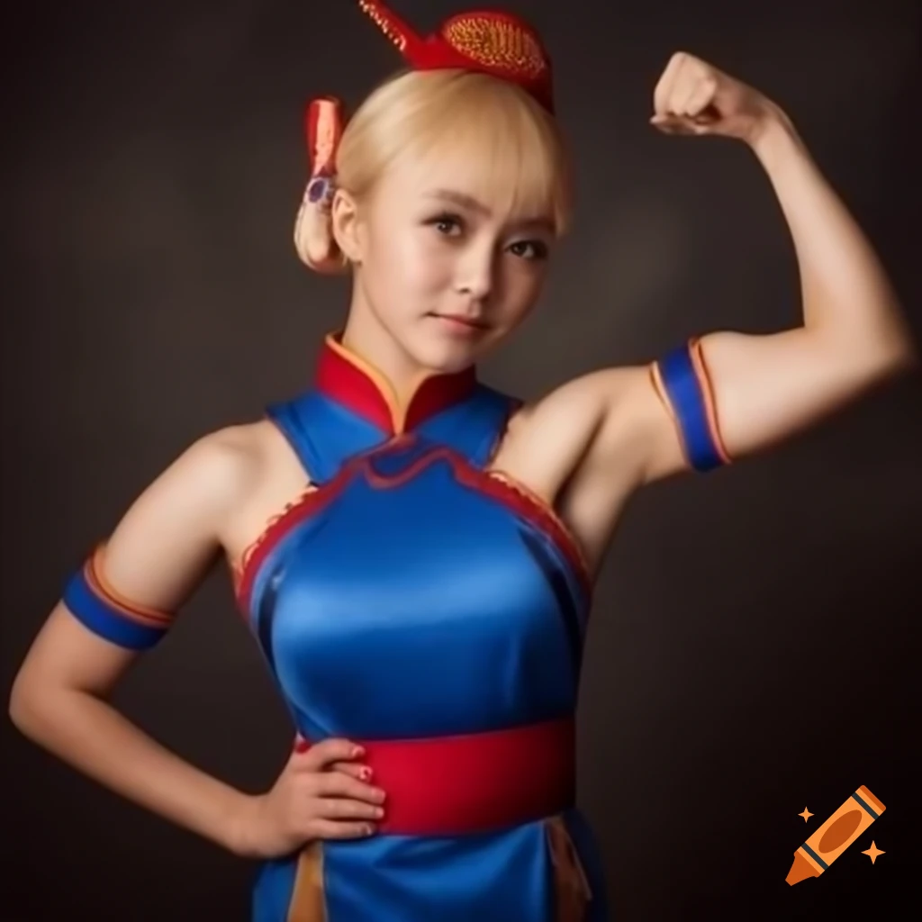 Cute blonde girl flexing biceps in Chun Li costume on Craiyon