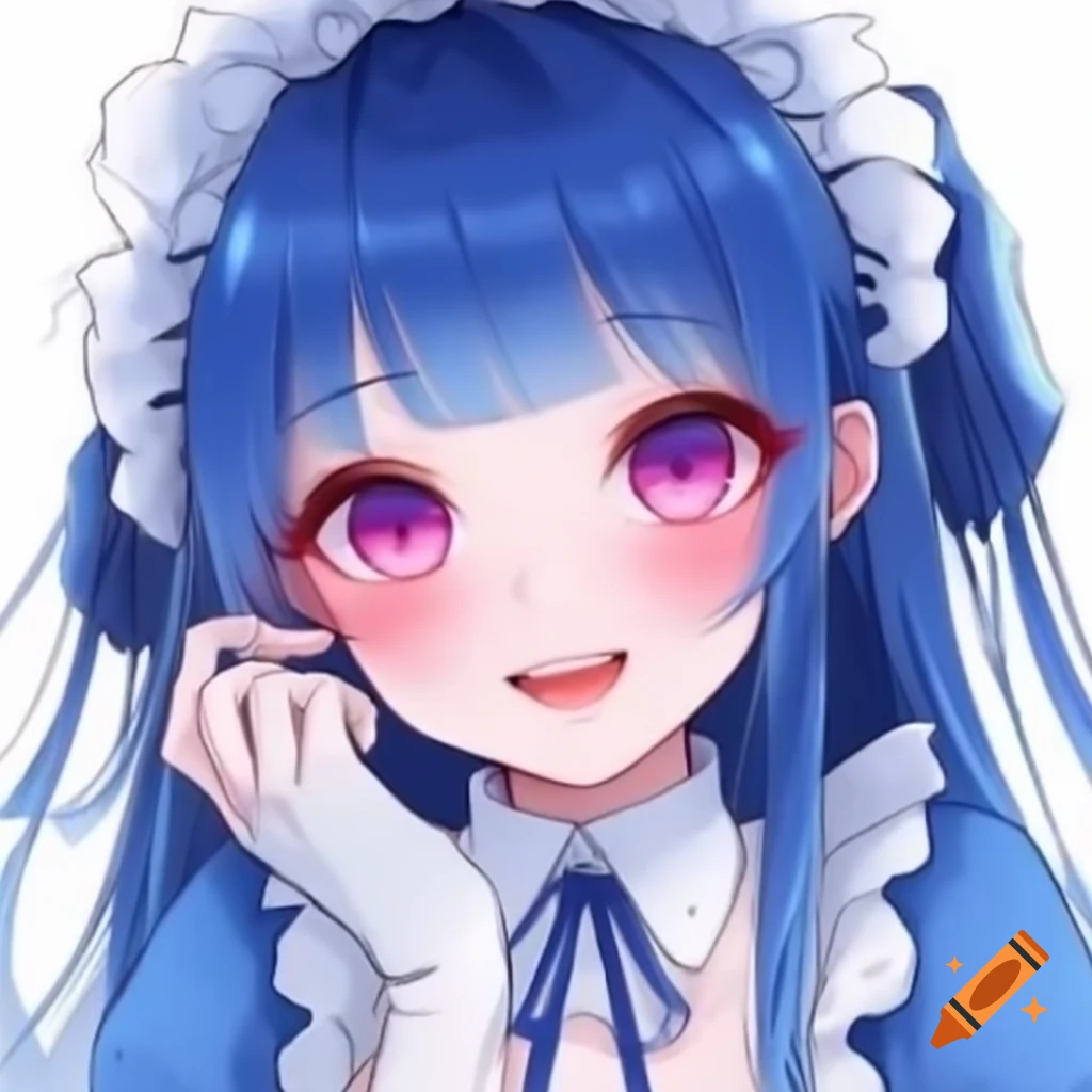 Cute character with navy blue hair, pink eyes, wearing a blue maid ...