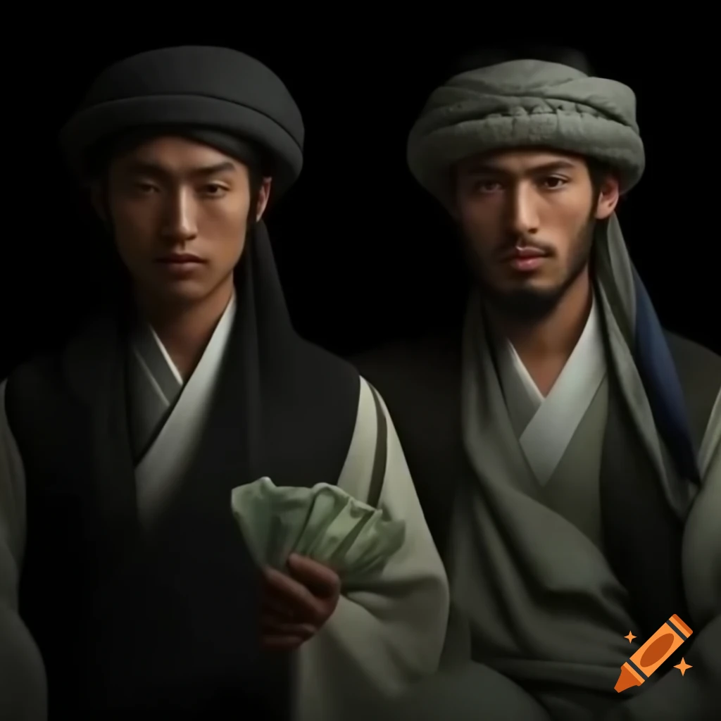 Young Korean man in traditional attire holding dollars, in glibly style ...