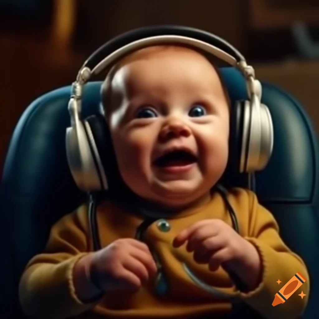 Baby boy in fancy clothes wearing headphones speaking into a microphone ...