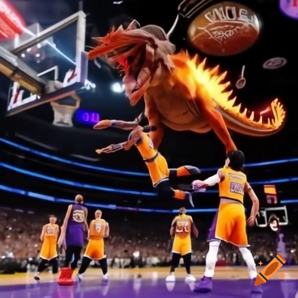 Flaming shrimp playing basketball against triceratops with Lebron and ...