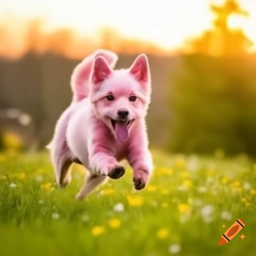 Pink dog running in flowery field at sunset on Craiyon