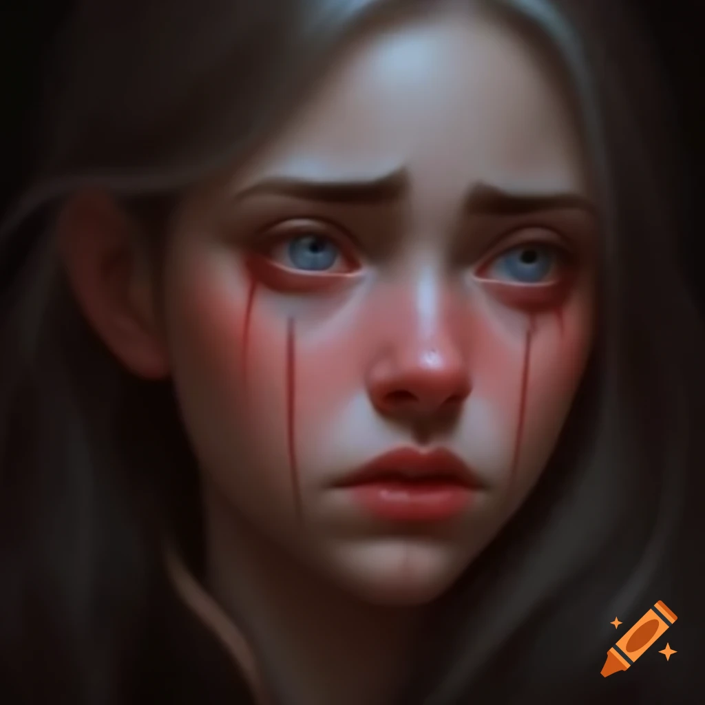 Emotional portrait of woman with tearful expression and red puffy eyes ...